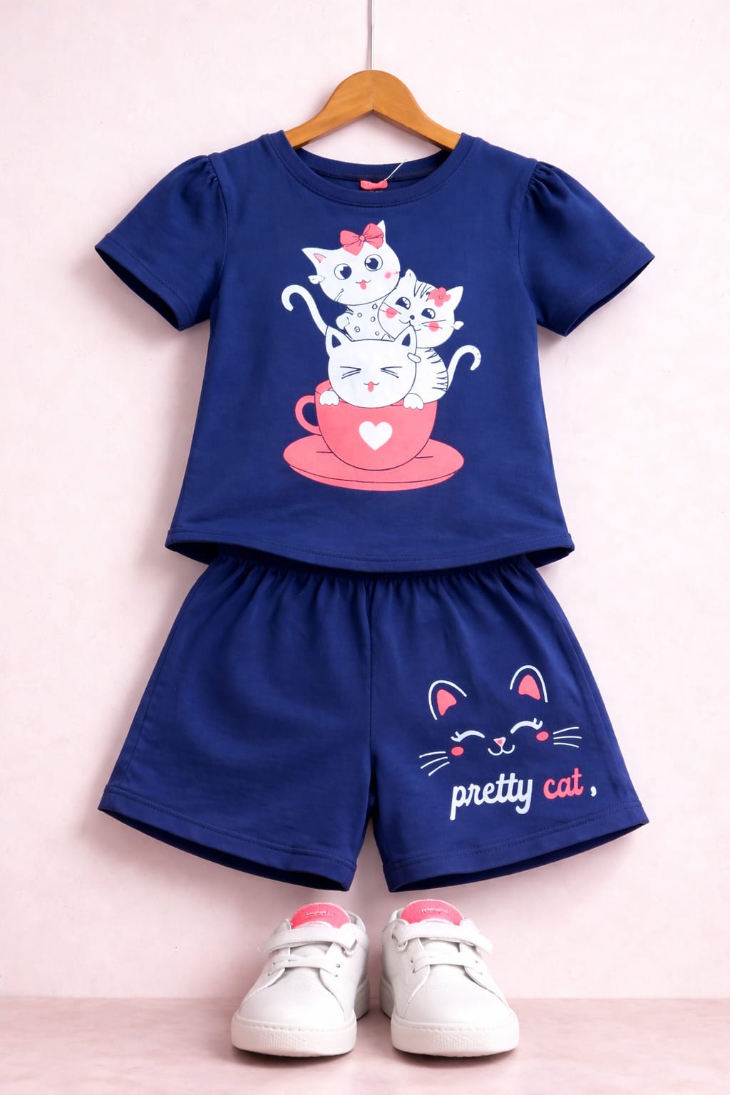 White Pretty Cats Printed Navy Girls Nicker Suit 439 – His & Hers